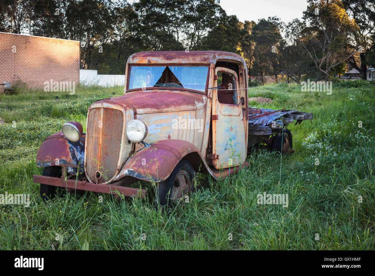 A rusty old truck, in tall grass, beside a second hand car yard Stock ...