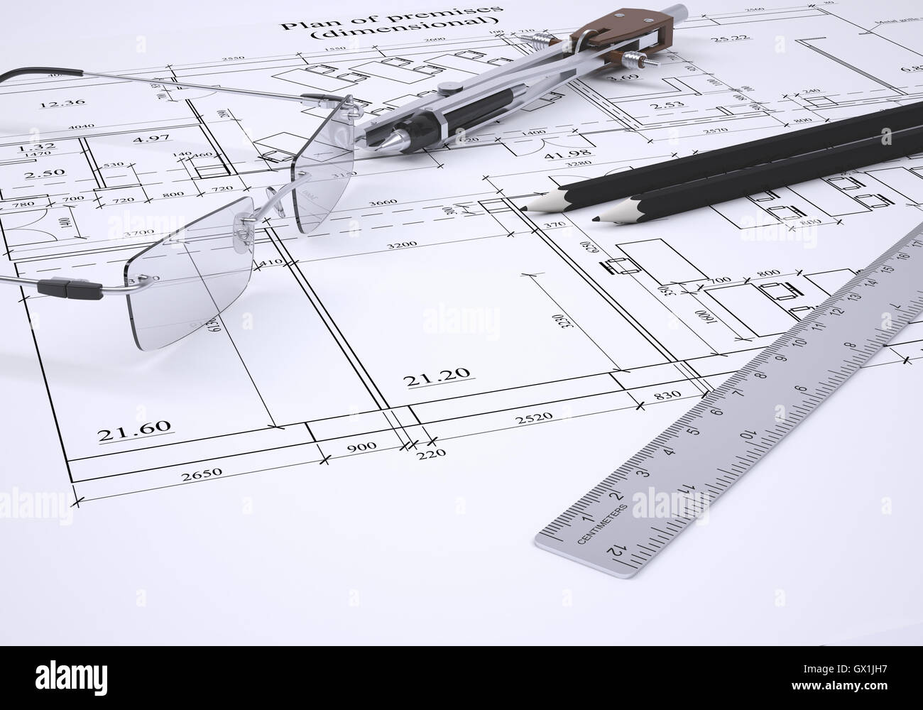 Glasses, ruler, compass and pencils Stock Photo - Alamy