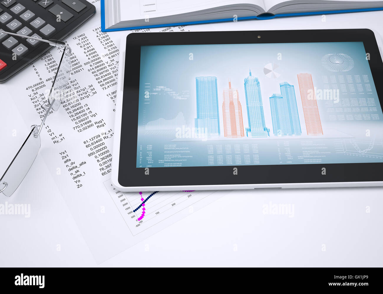The book, calculator, paper and tablet computer Stock Photo - Alamy
