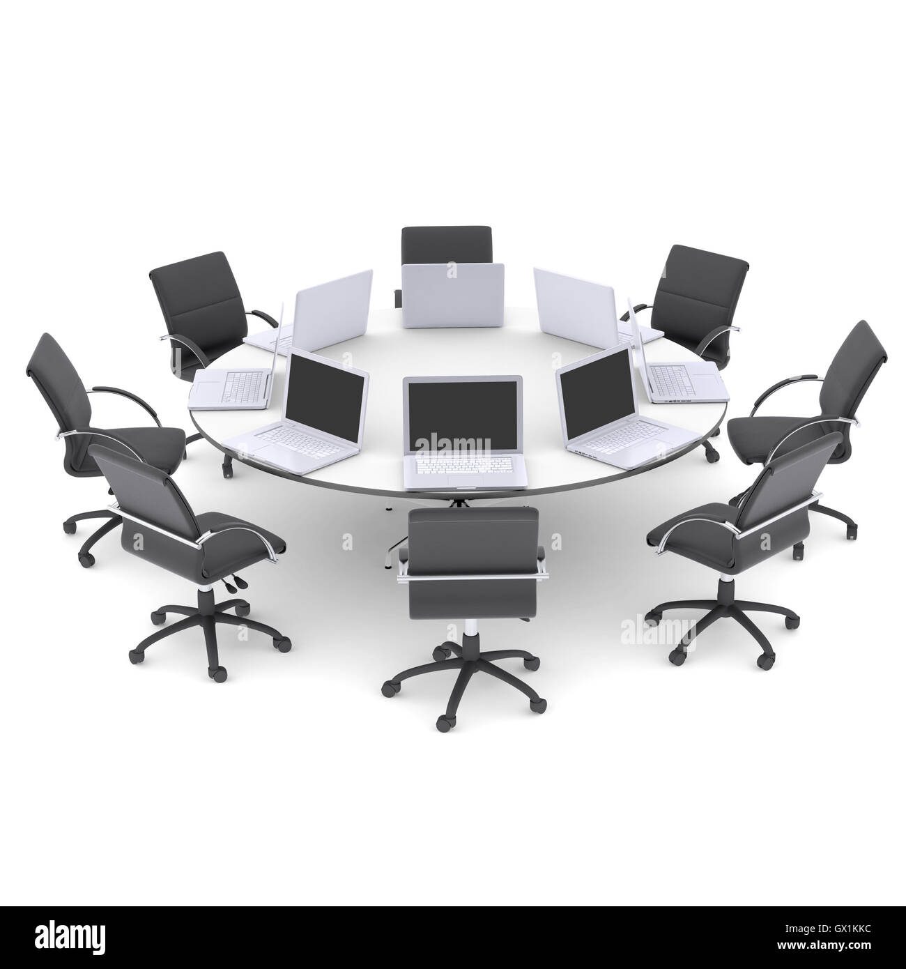 Laptops on the office round table and chairs Stock Photo - Alamy