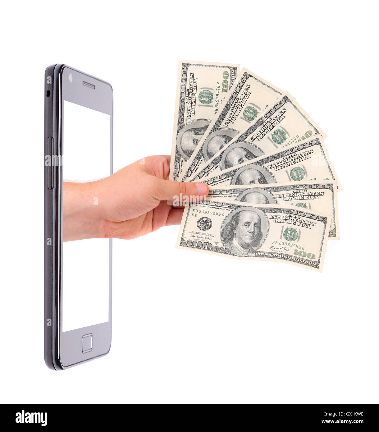 Hand from screen phone Cut Out Stock Images & Pictures - Alamy