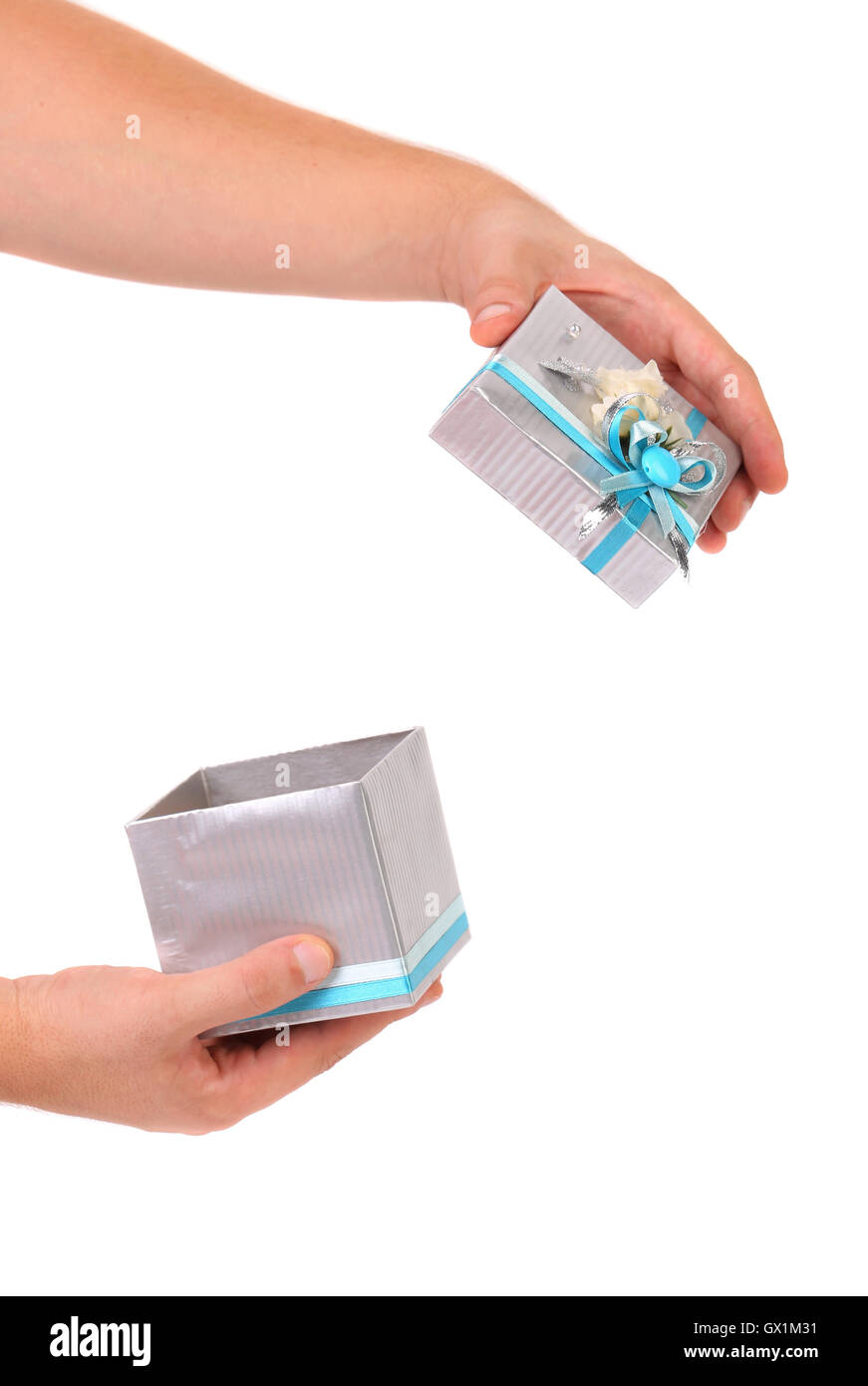 Opened silver gift box with blue ribbon Stock Photo - Alamy