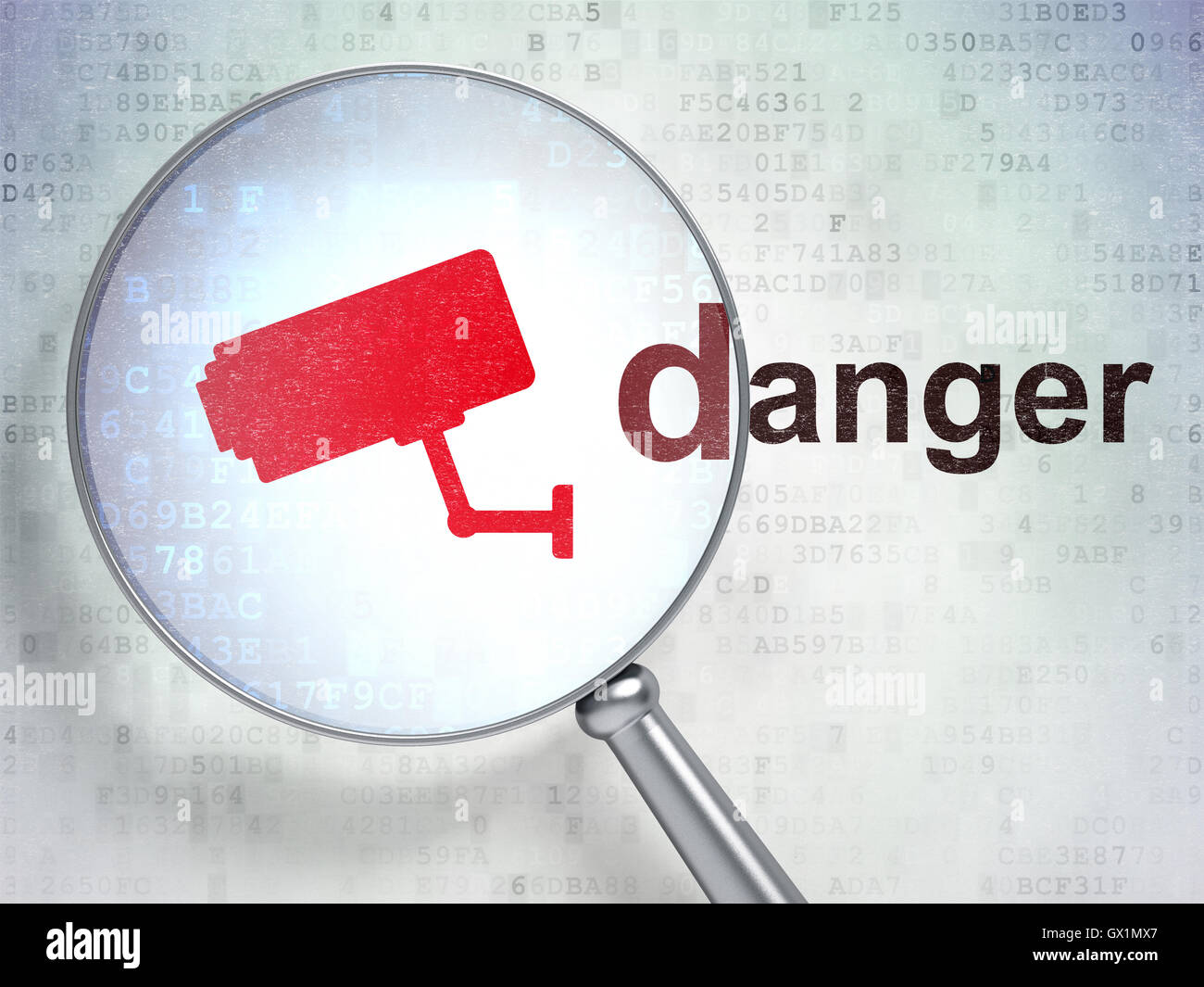 Safety concept: Cctv Camera and Danger with optical glass Stock Photo ...