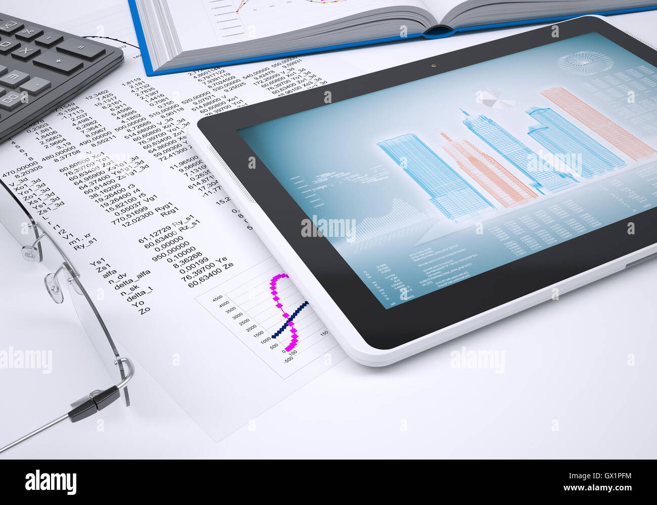 The book, calculator, paper and tablet computer Stock Photo - Alamy