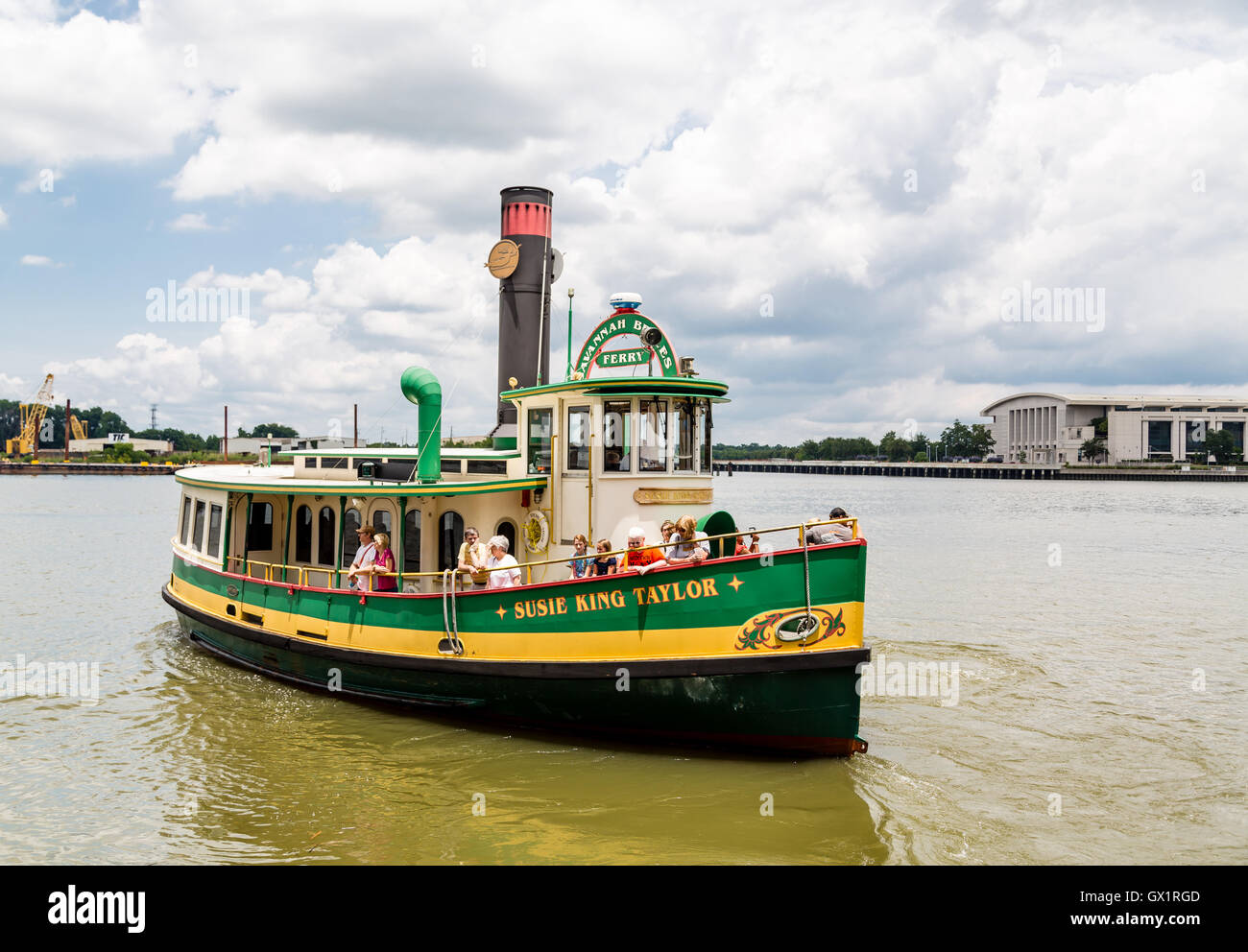 The green and yellow Susie King Taylor ferry crossing the Savannah ...
