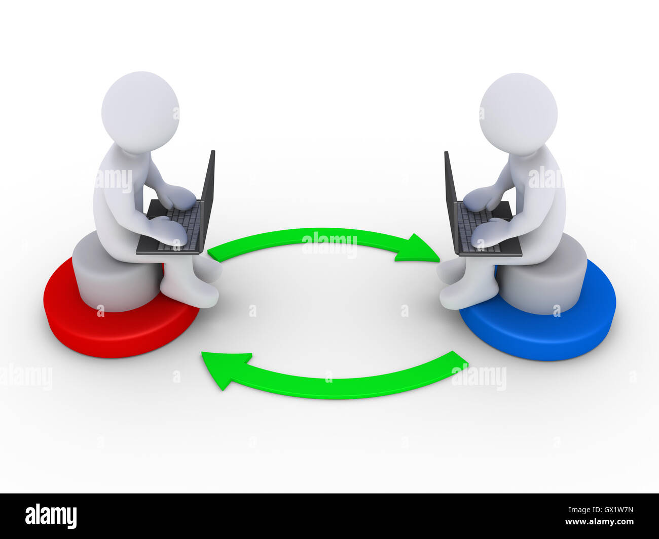 Two people with computers interact with each other Stock Photo - Alamy