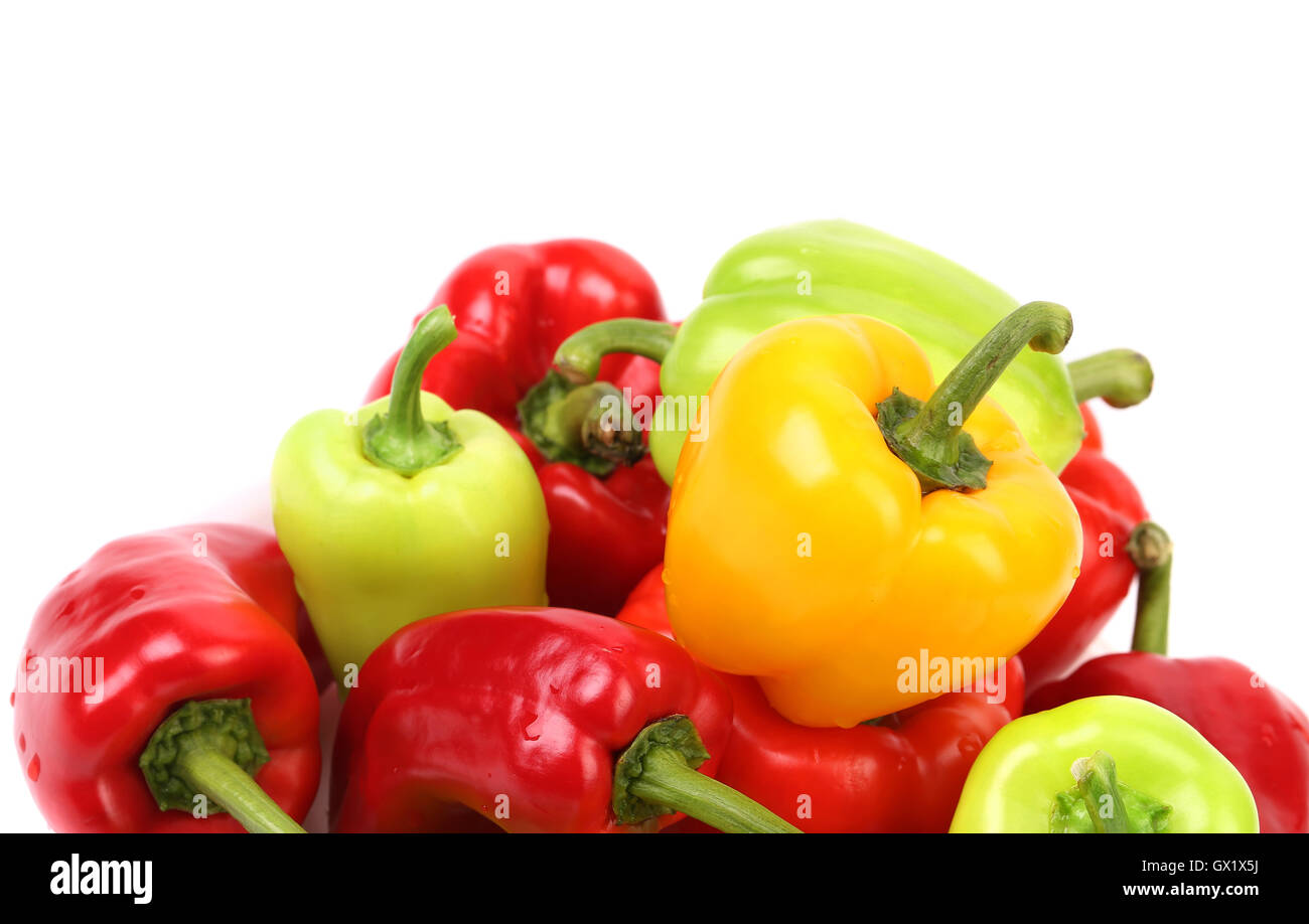 Multi-colored peppers on a white background Stock Photo - Alamy
