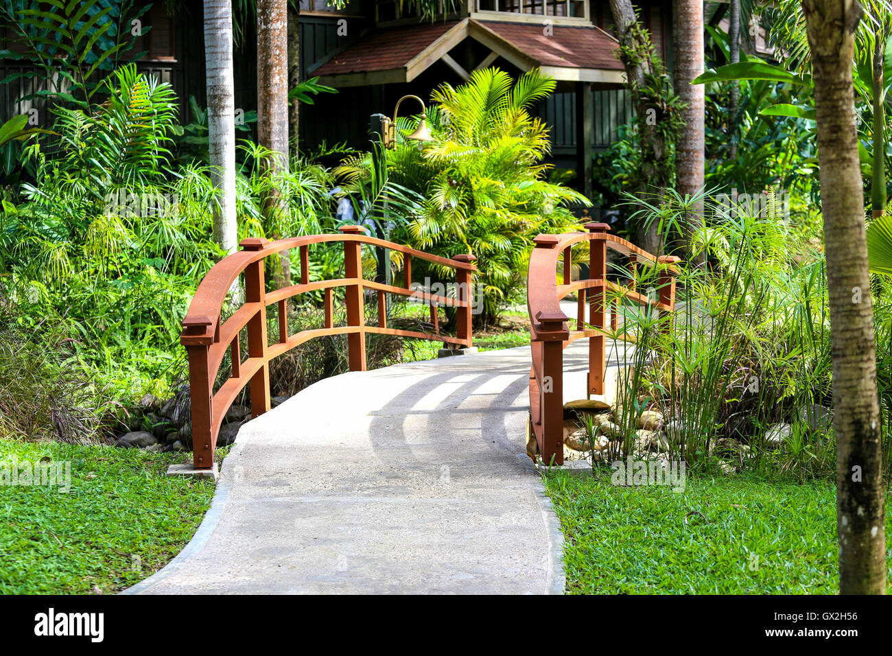 Bridge in a nature park with green background Stock Photo - Alamy