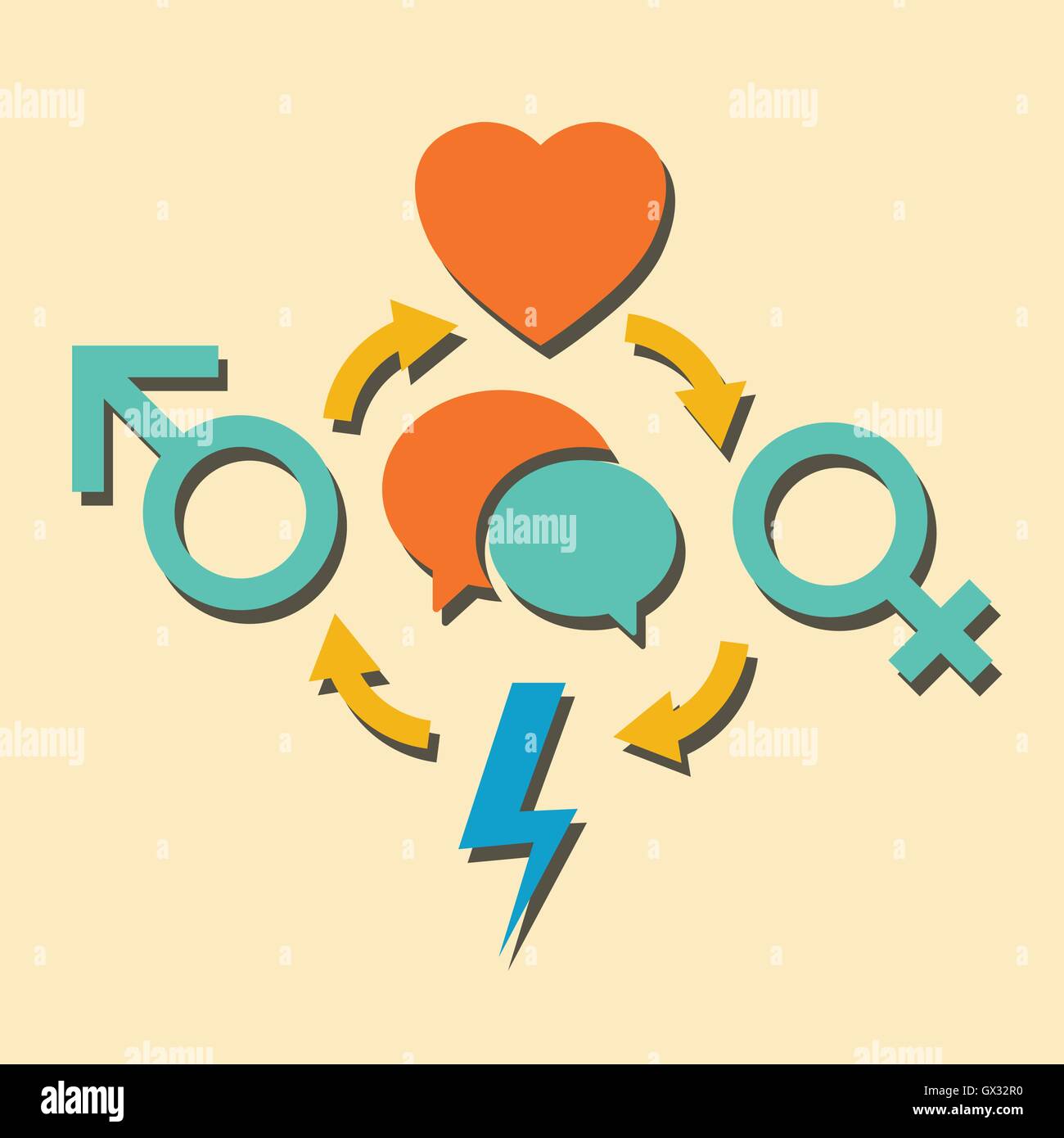 male, female symbols, heart, speech bubble as communication cycle ...