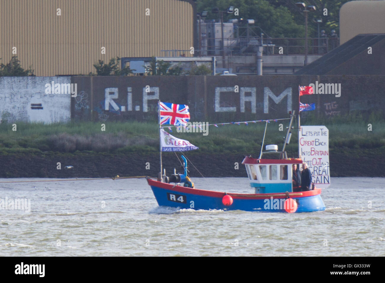 A small group of UKIP supporters wave flags to the passing floatilla at ...
