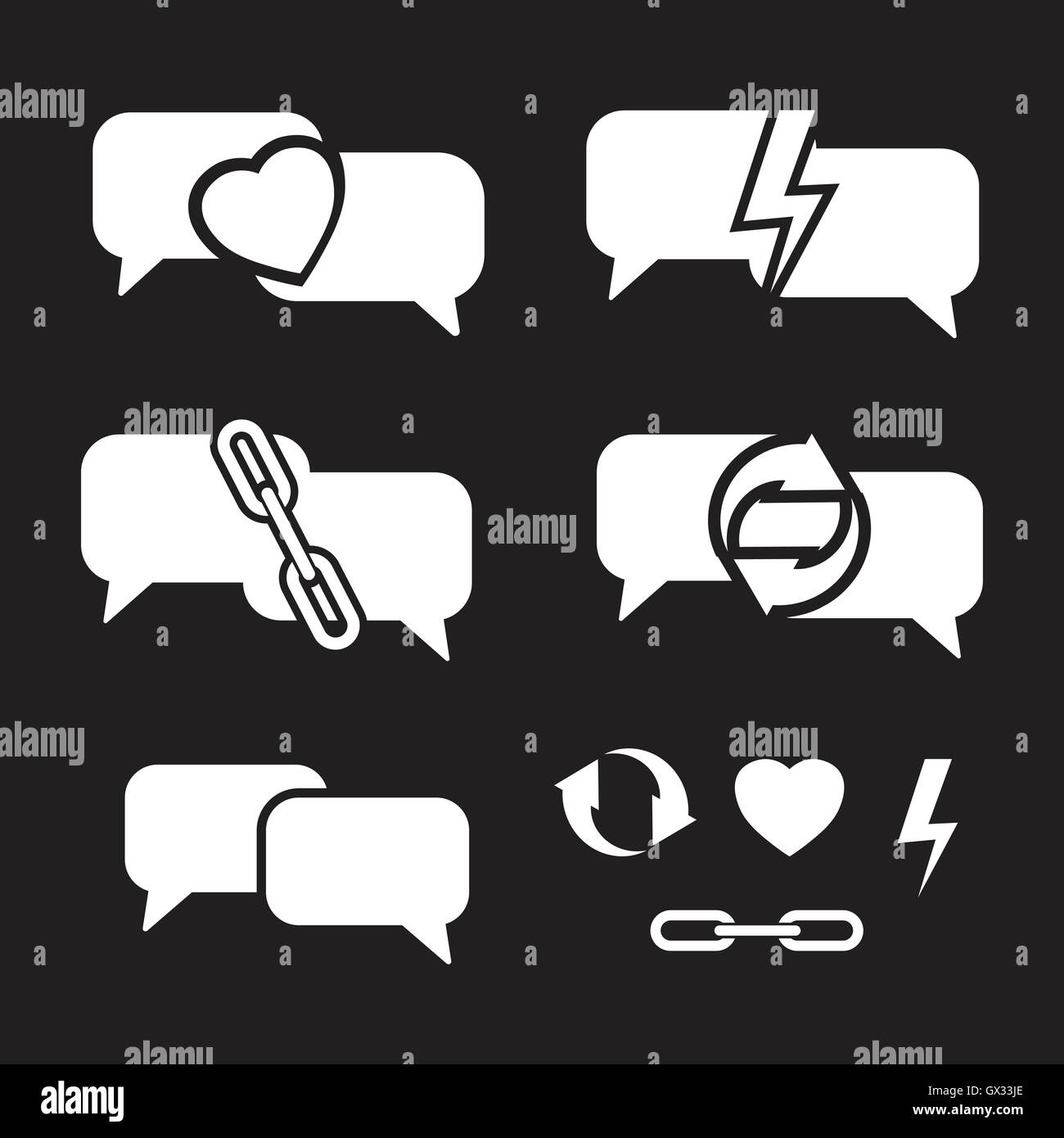 bright speech bubbles on dark background with heart, chains, lightning ...