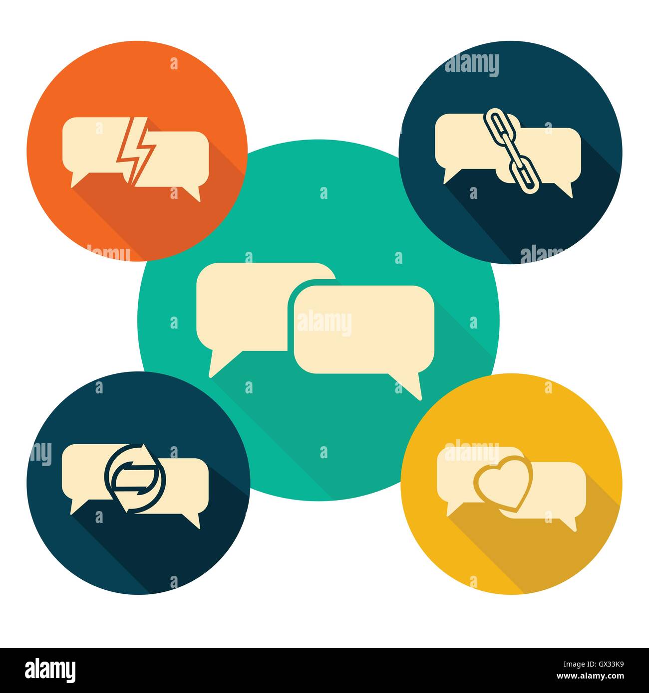 flat color speech bubbles with heart, chains, lightning and circled ...