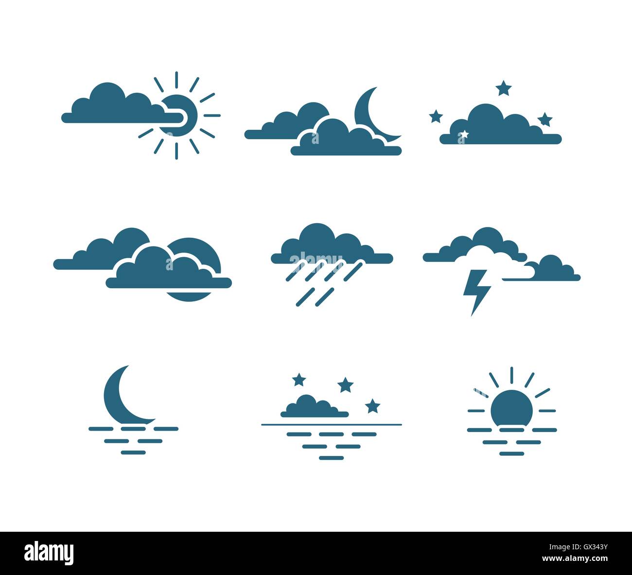 sun, clouds, lightning, moon, stars and sea sunset weather icon set ...