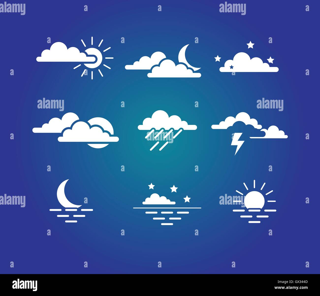 sun, clouds, lightning, moon, stars and sea sunset weather icon set ...