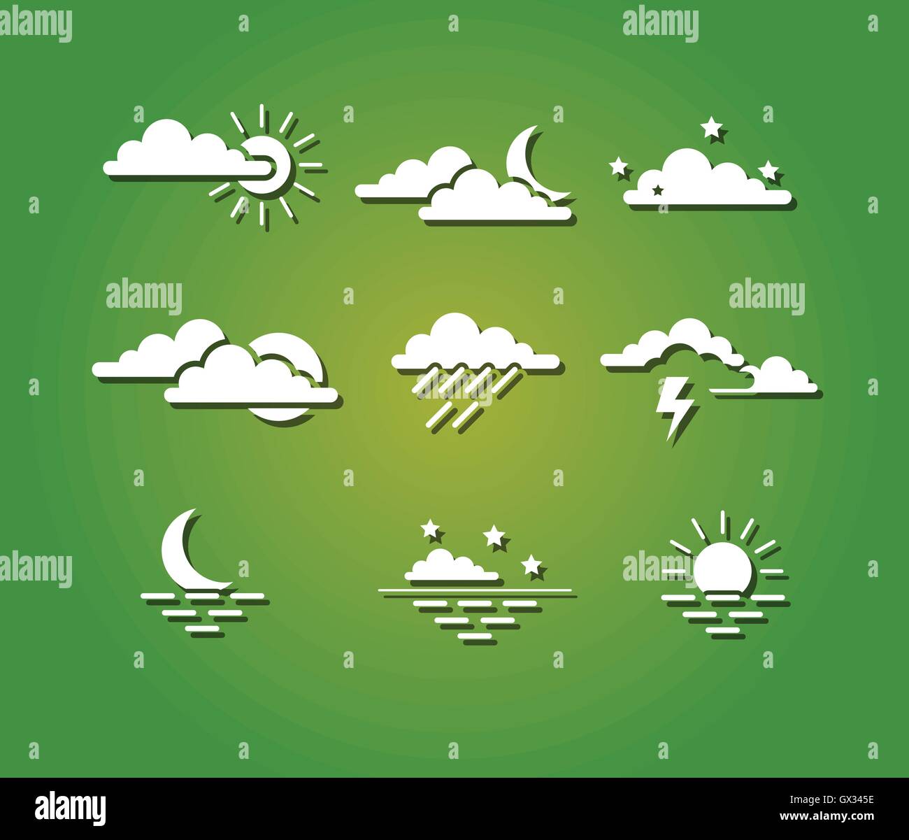 sun, clouds, lightning, moon, stars and sea sunset weather icon set ...