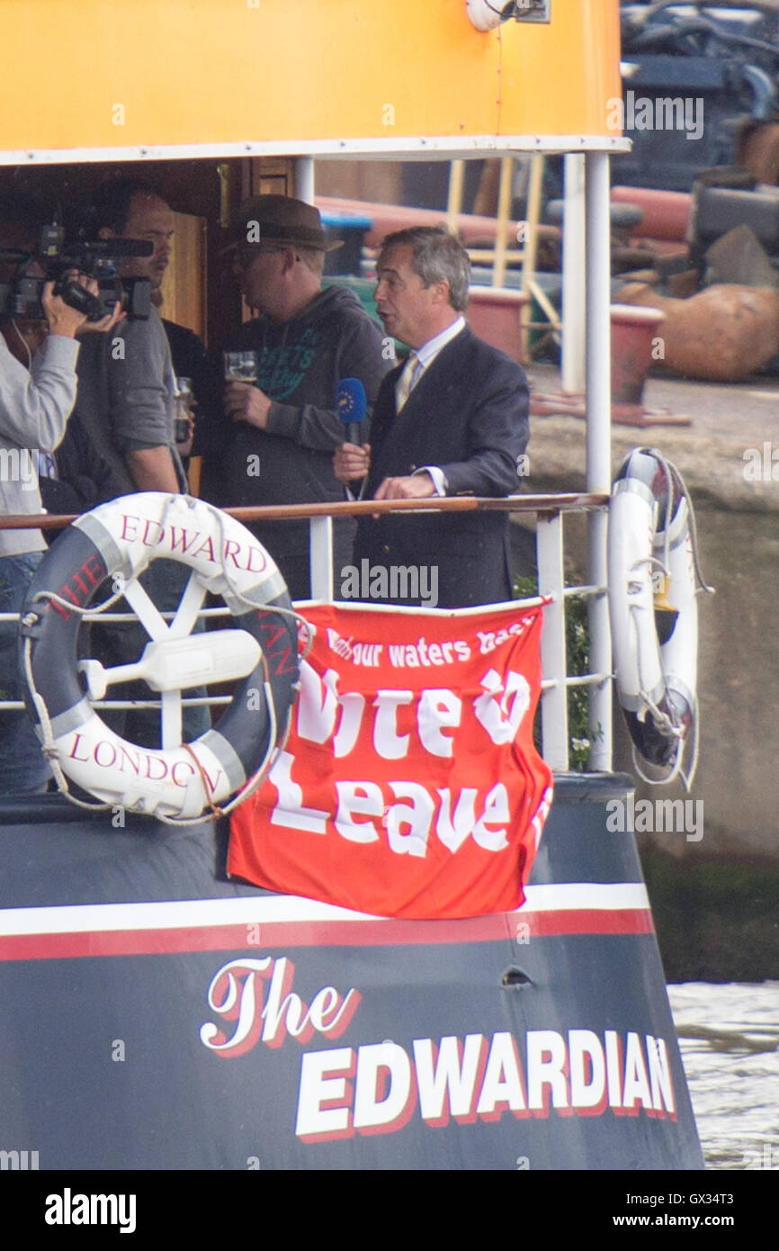 Nigel Farage is spotted on a boat on the River Thames at Westminster ...