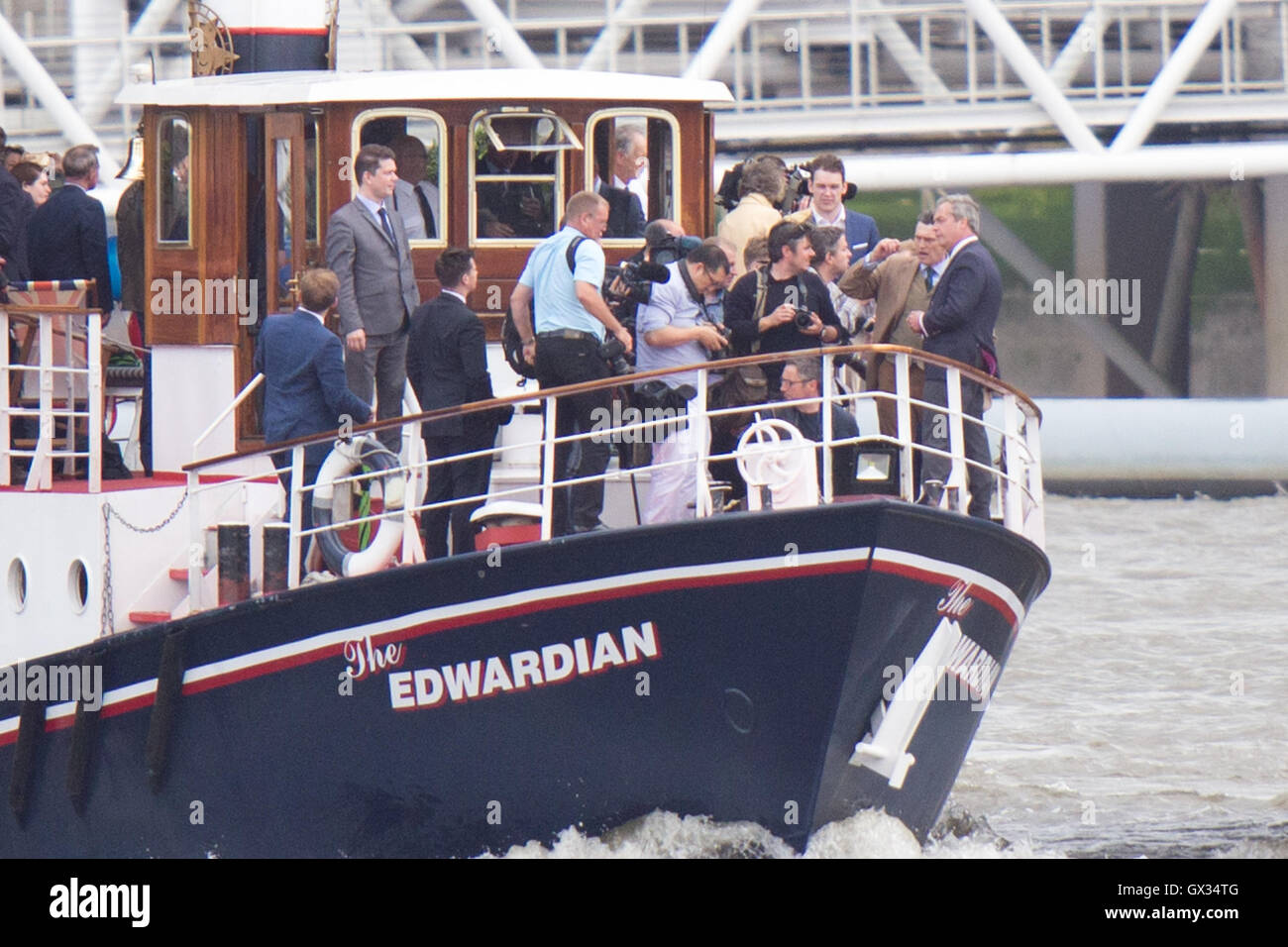 Nigel Farage is spotted on a boat on the River Thames at Westminster ...
