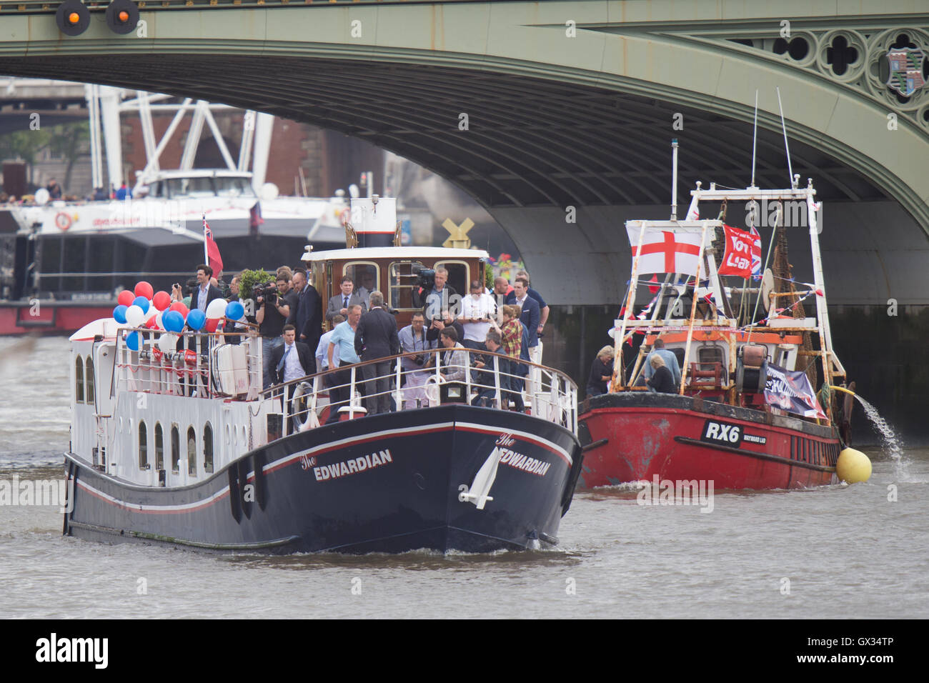Nigel Farage is spotted on a boat on the River Thames at Westminster ...