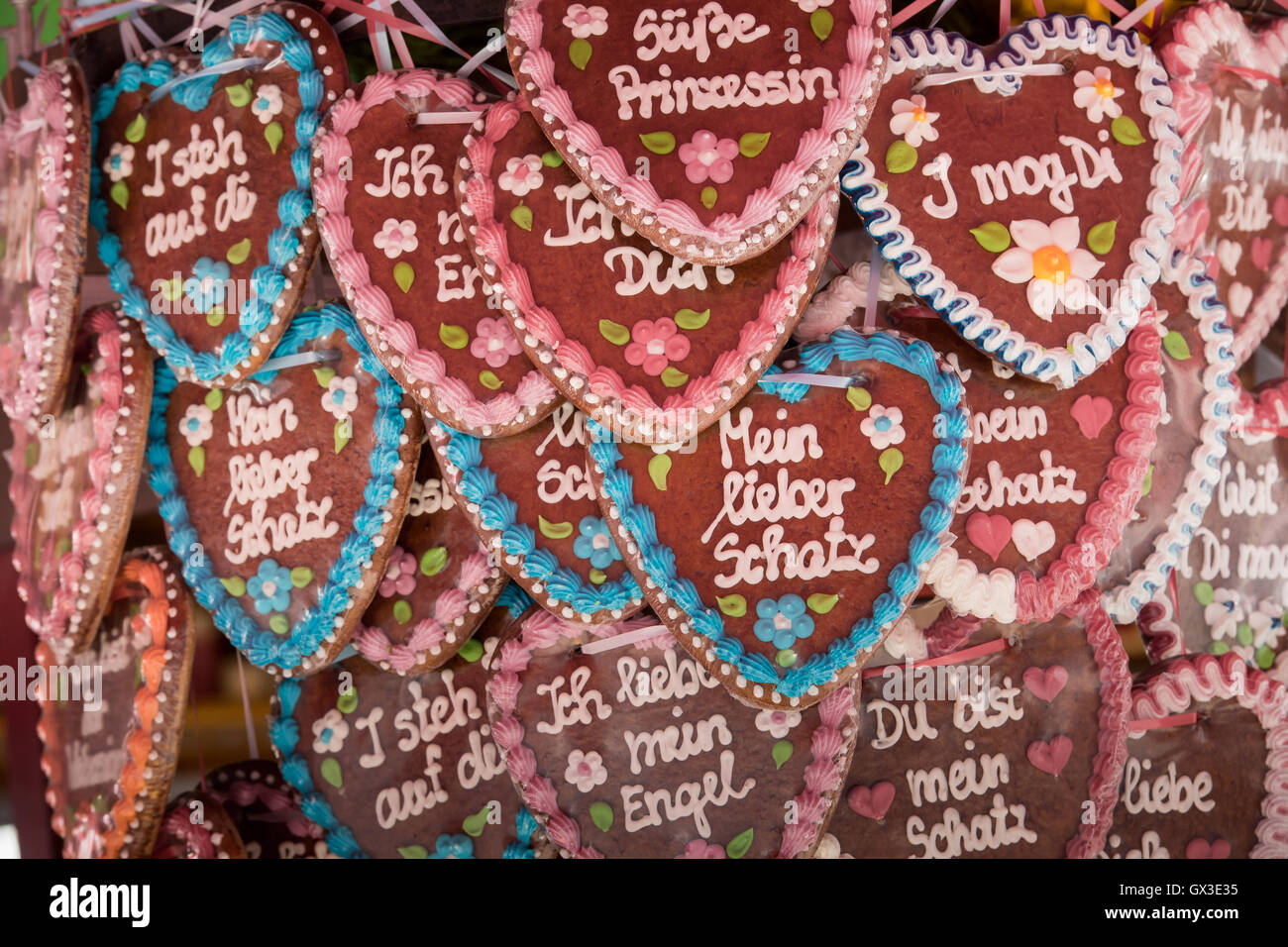 Munich, Germany. 15th Sep, 2016. Gingerbread hearts hang on a stall on ...