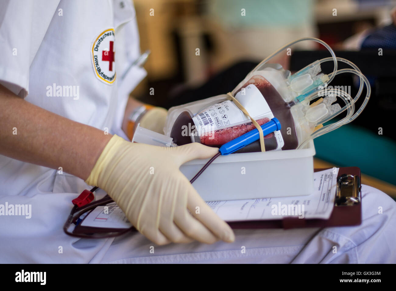 Ratingen, Germany. 15th Sep, 2016. Donated blood pictured at the blood ...