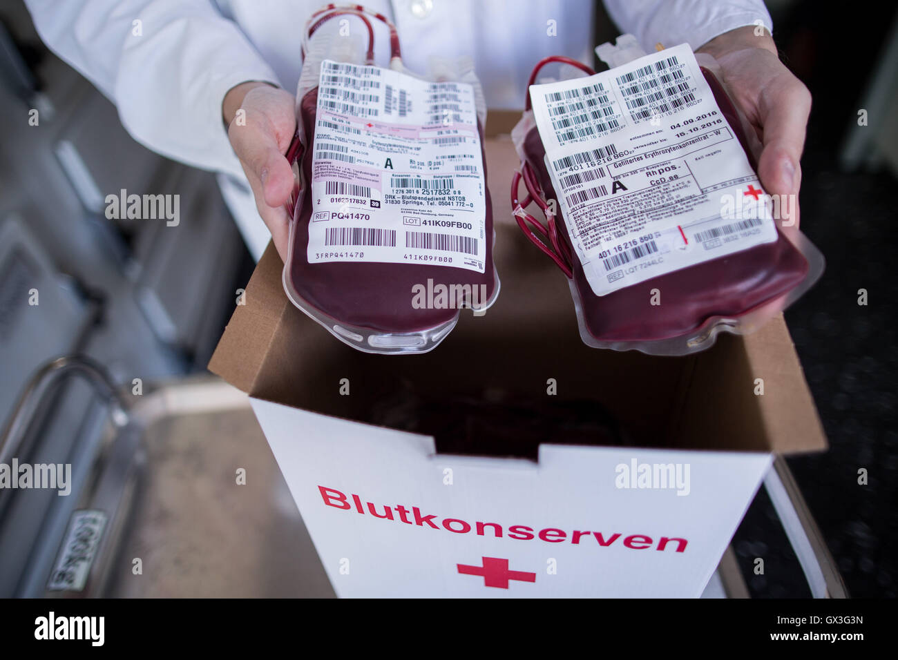 Ratingen, Germany. 15th Sep, 2016. Blood bags pictured in the cold ...