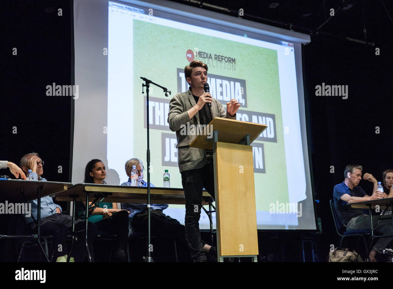 London, UK. 15th September, 2016. James Schneider, National Organiser of Momentum, addresses ...