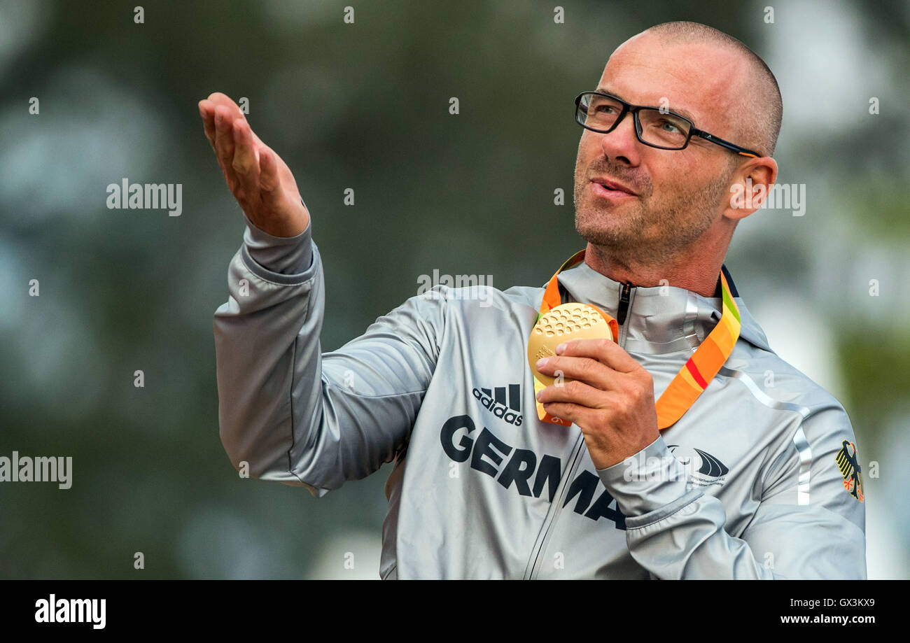 Vico Merklein of Germany celebrates his Gold medal in the Men's Road ...