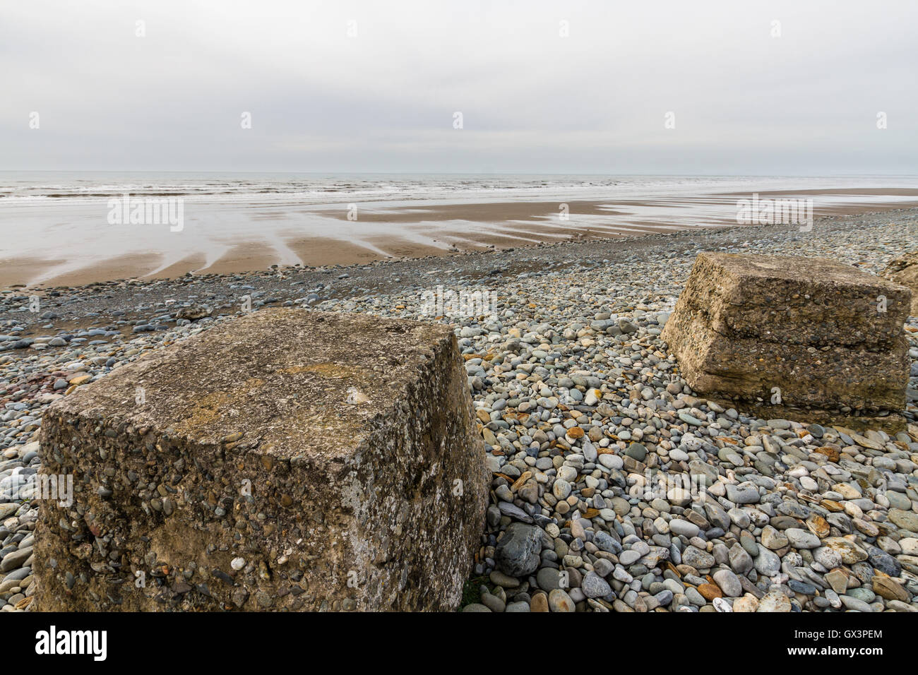 Anti-tank cubes from World War II to prevent invasion. Fairbourne beach ...
