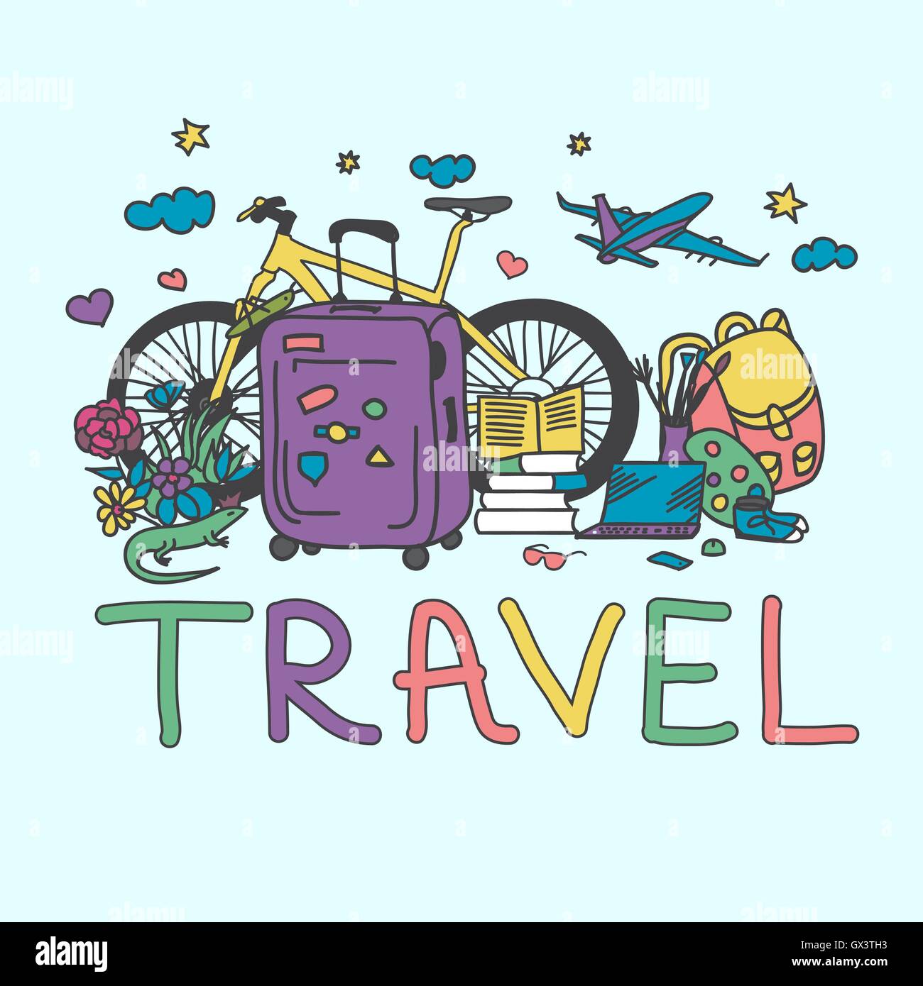 Cute travel illustration with bicycle, bag, airplane. Colorful ...