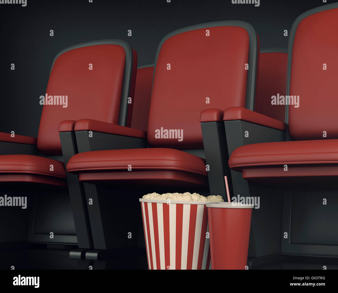 3d illustration. Cinema clapper board and popcorn on theater seat ...