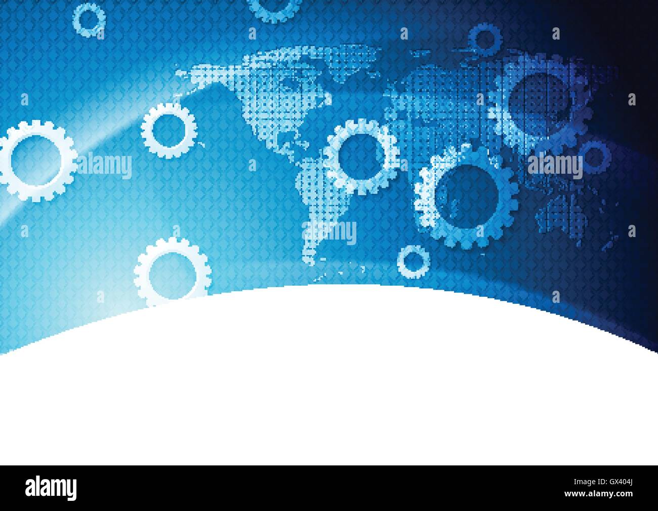 Bright blue technology background with gears and dotted world map ...