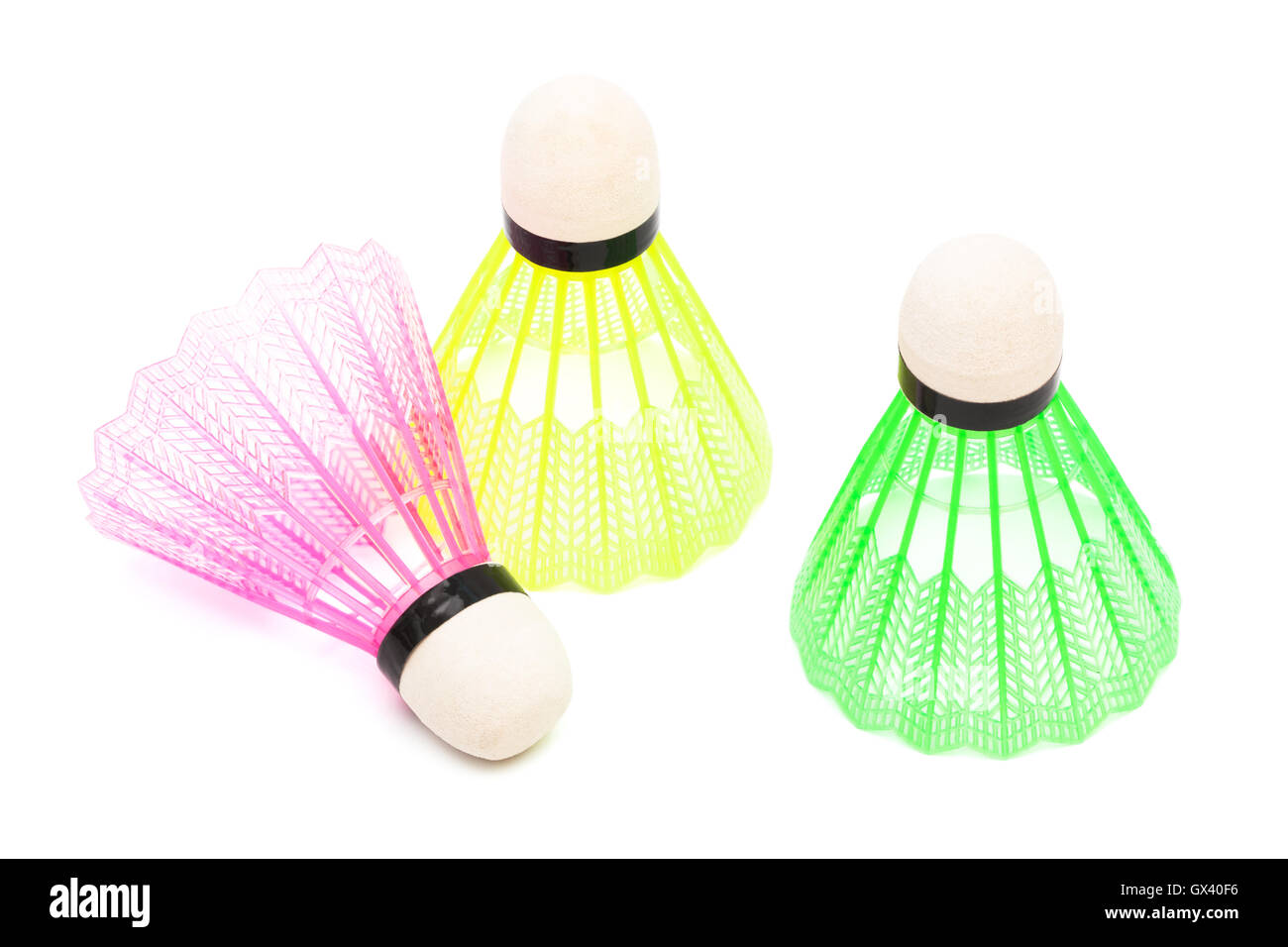 three shuttlecock badminton on a white background Stock Photo - Alamy