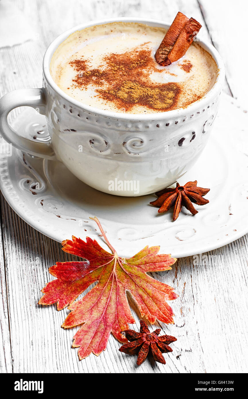 Invigorating coffee with cinnamon and spices in the autumn weather ...