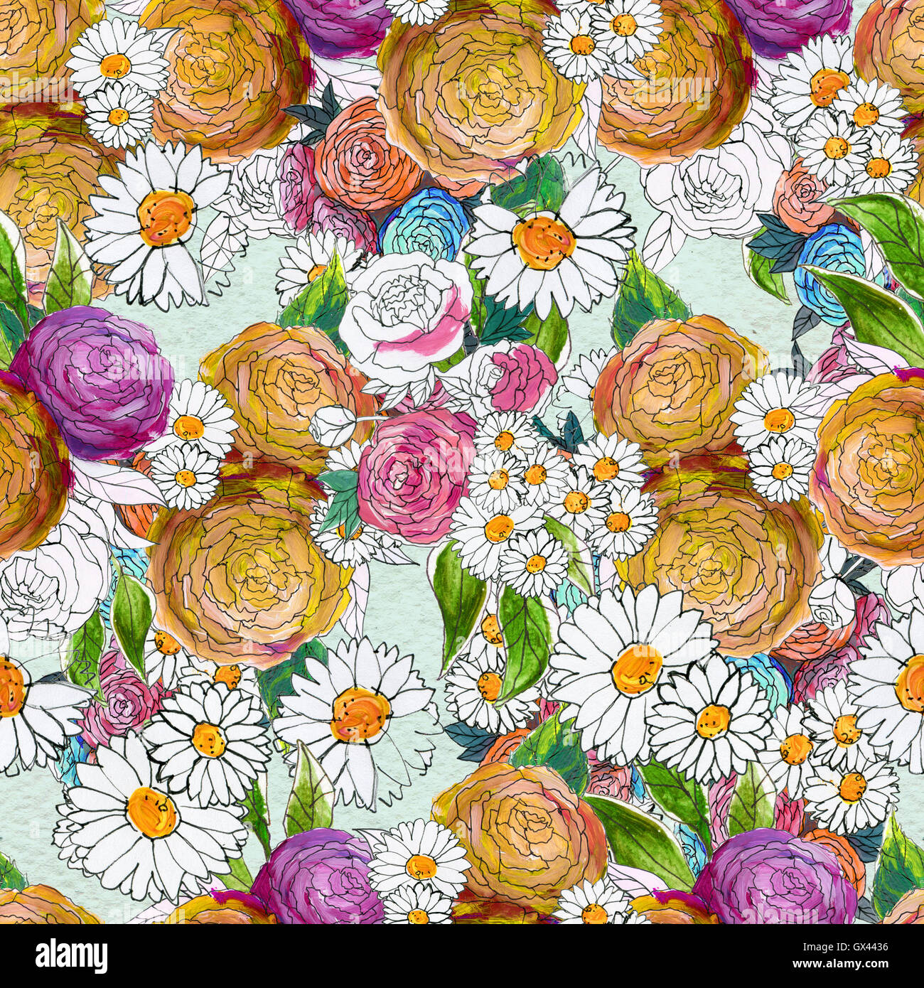 Seamless pattern with colorful flowers Stock Photo - Alamy