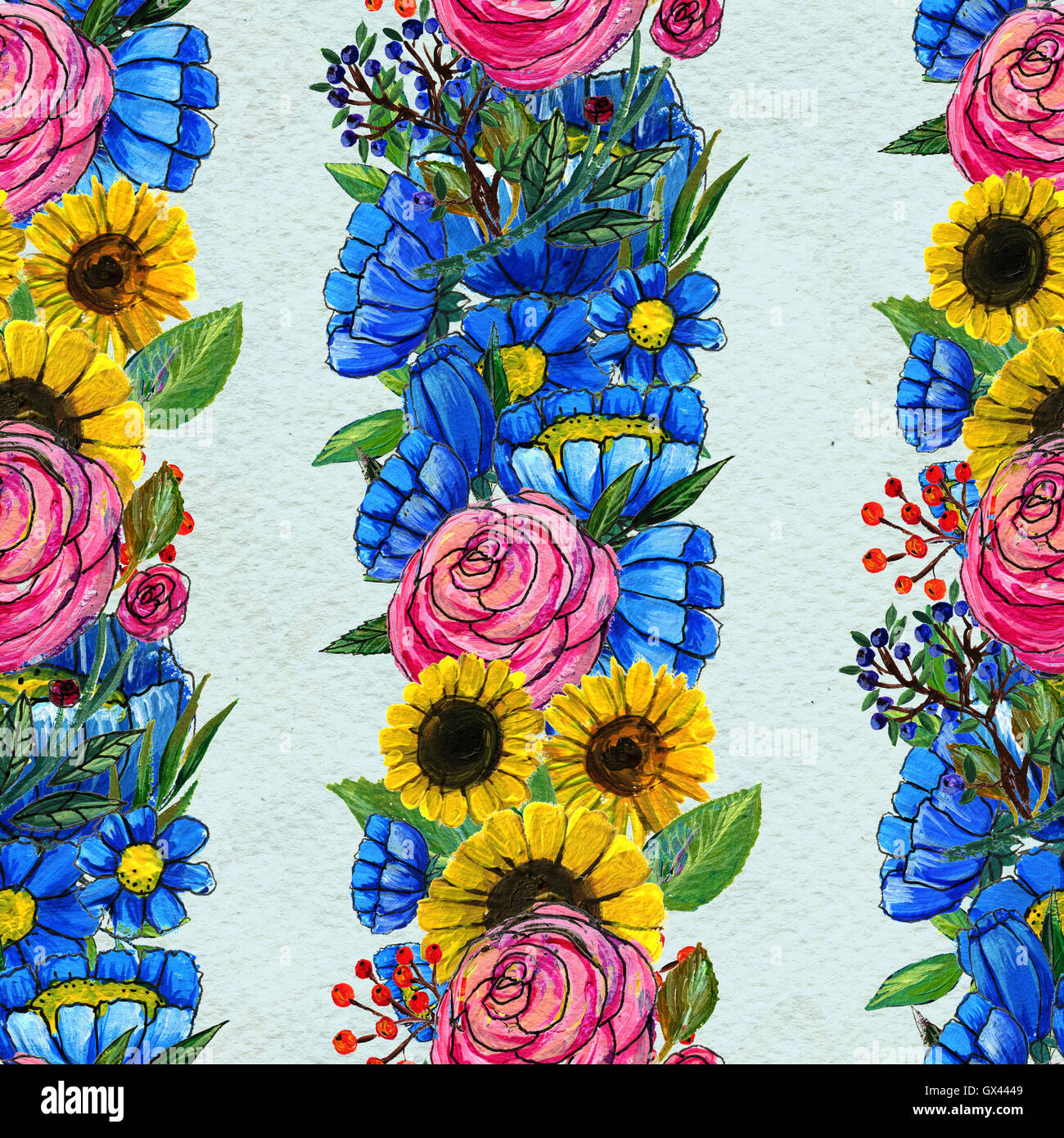 Seamless pattern with blue yellow and pink flowers Stock Photo - Alamy