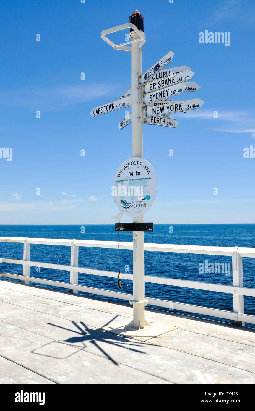 Sign post at the end of the Busselton Jetty with city directional ...