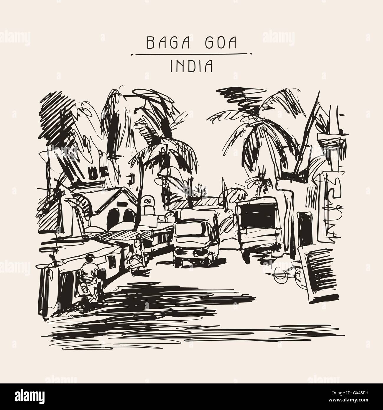 original digital drawing of India Goa Calangute Baga landscape s Stock ...