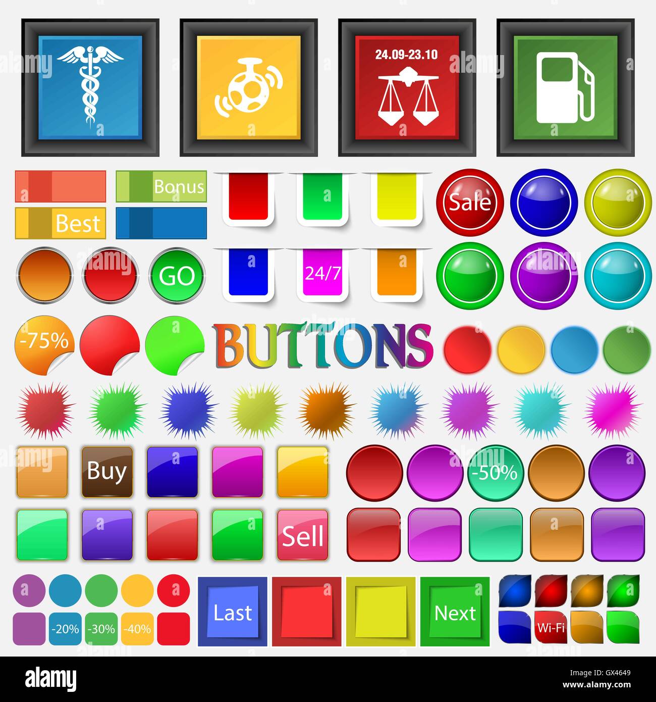 Health club ball , scales, gas station icon. Big set buttons for your ...