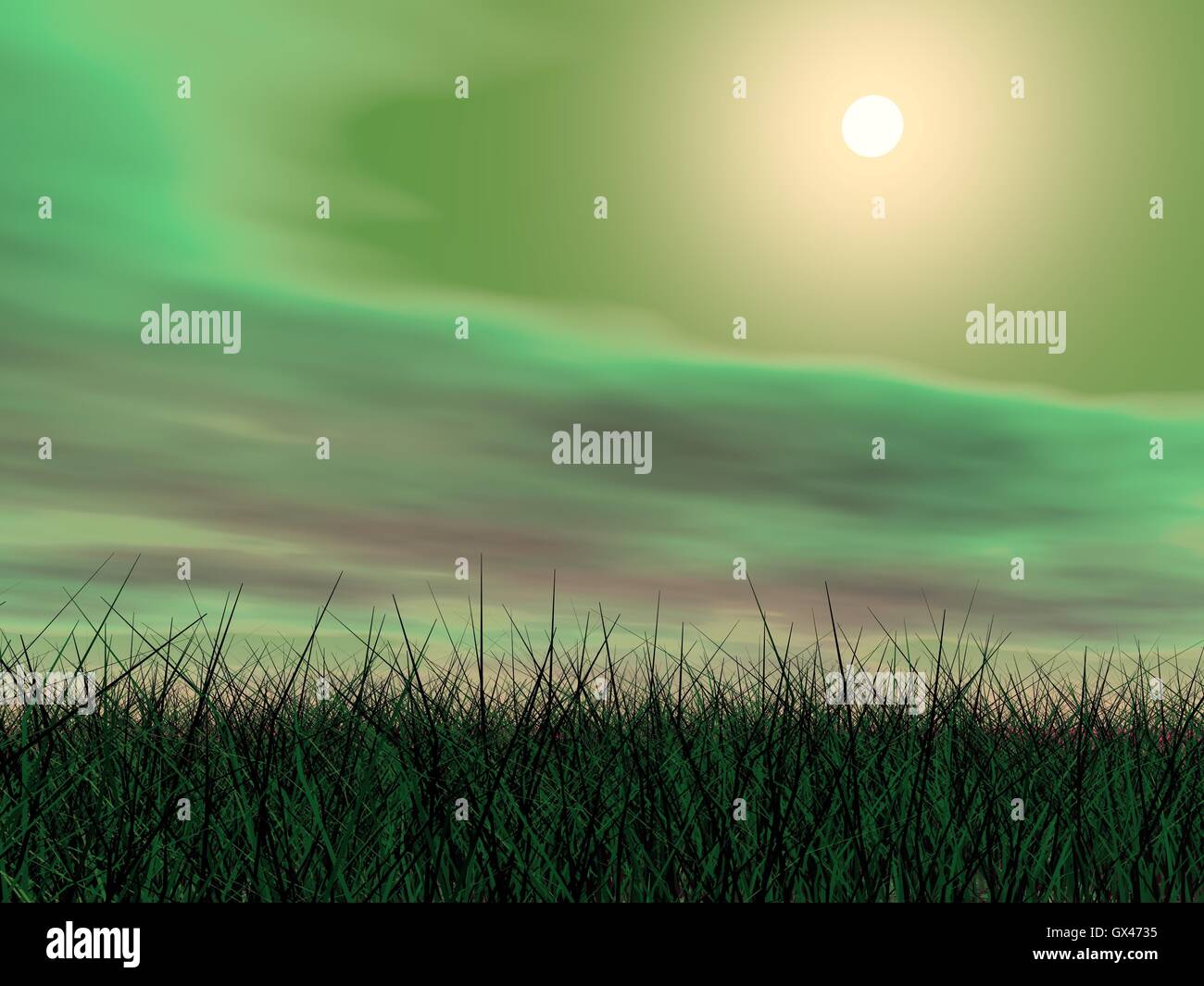 Green sunset - 3D render Stock Photo - Alamy