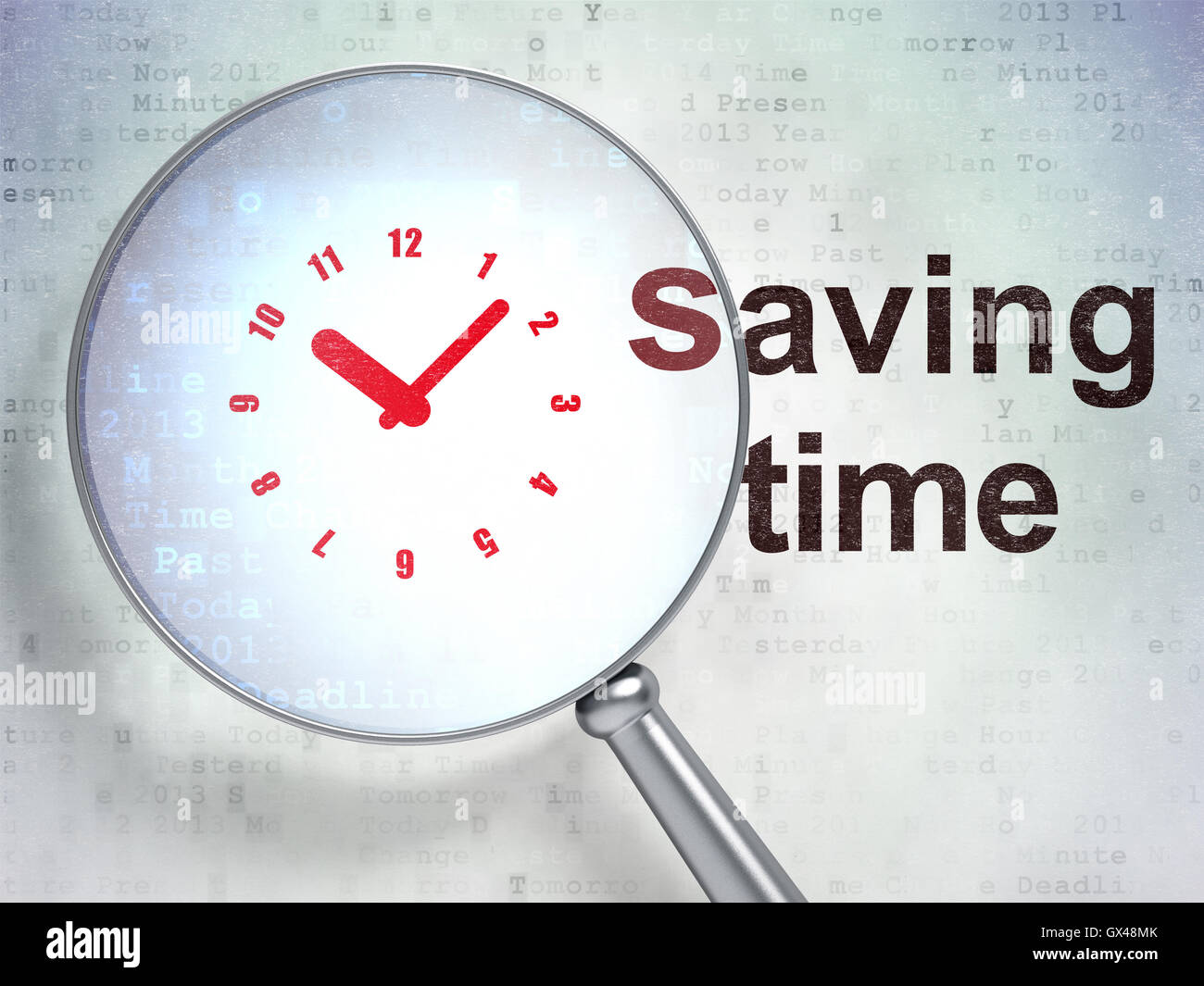 Timeline concept: Clock and Saving Time with optical glass Stock Photo ...