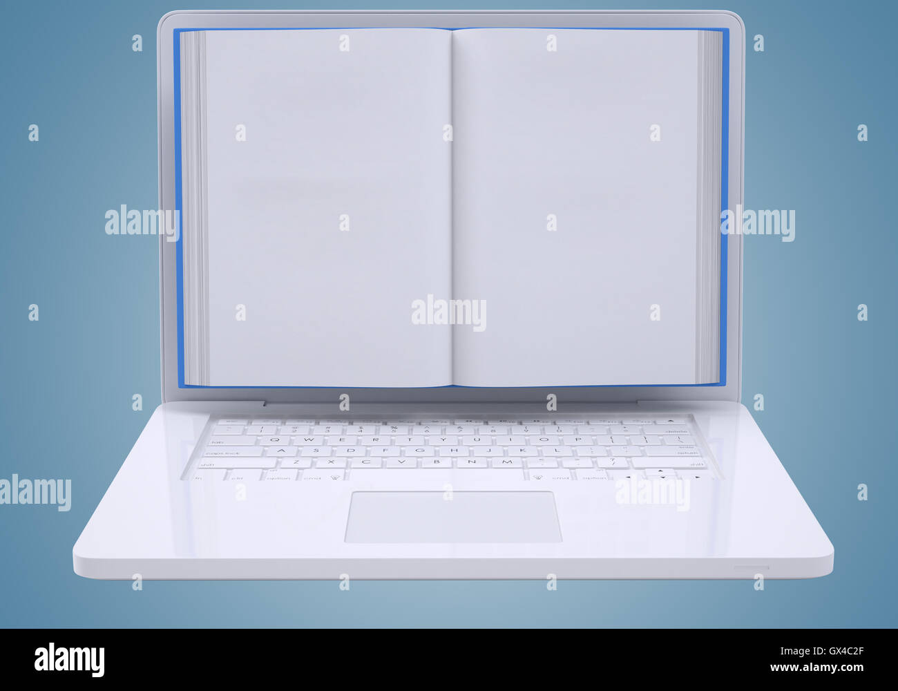 Blank book to screen laptop Stock Photo - Alamy