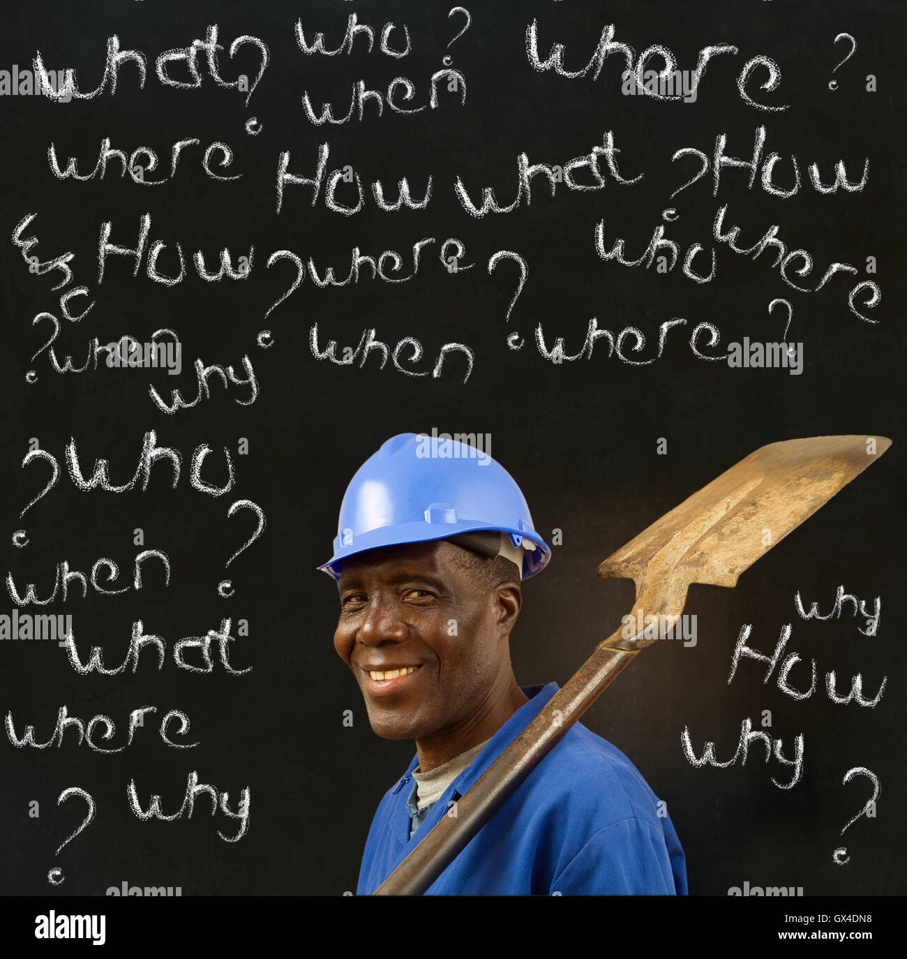 African American black man worker with chalk questions Stock Photo - Alamy