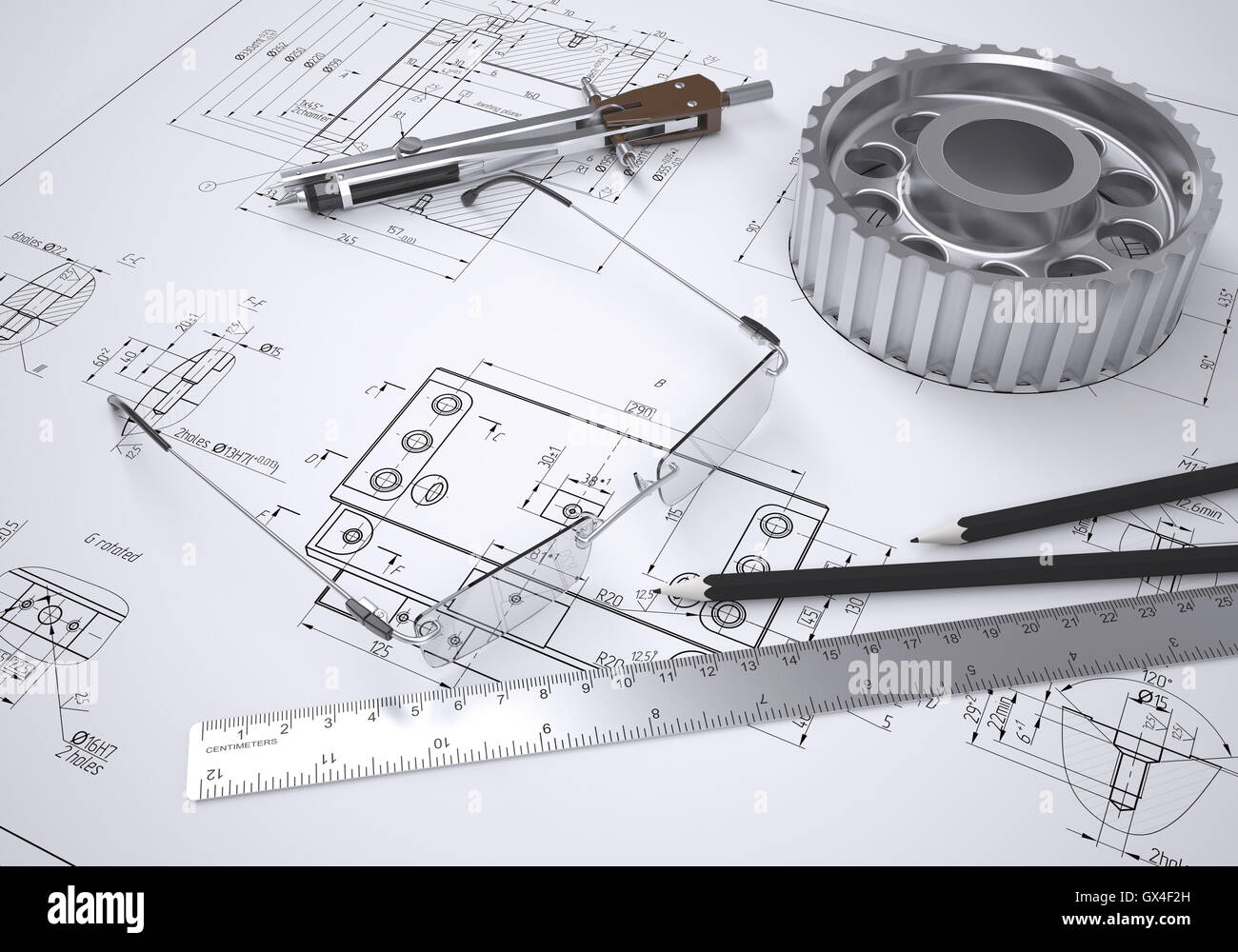 Glasses, ruler, compass, pencil and gear Stock Photo - Alamy