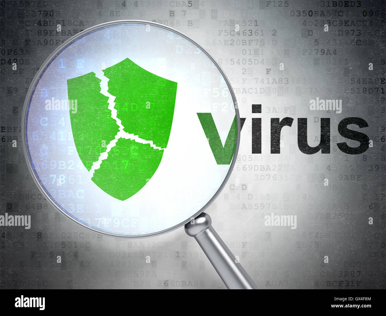 Safety concept: Broken Shield and Virus with optical glass Stock Photo ...