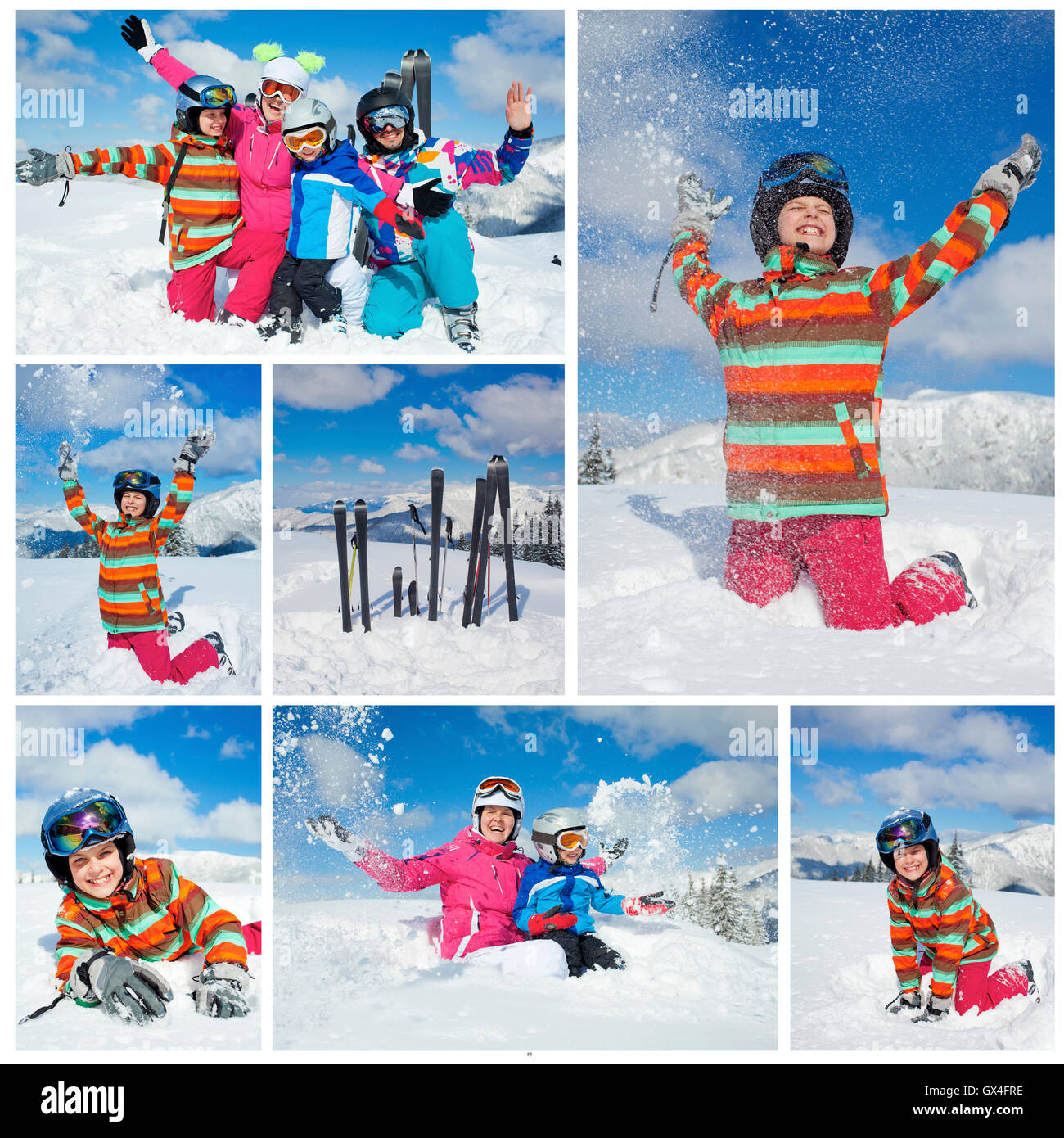 Skiing winter fun. Happy family Stock Photo - Alamy