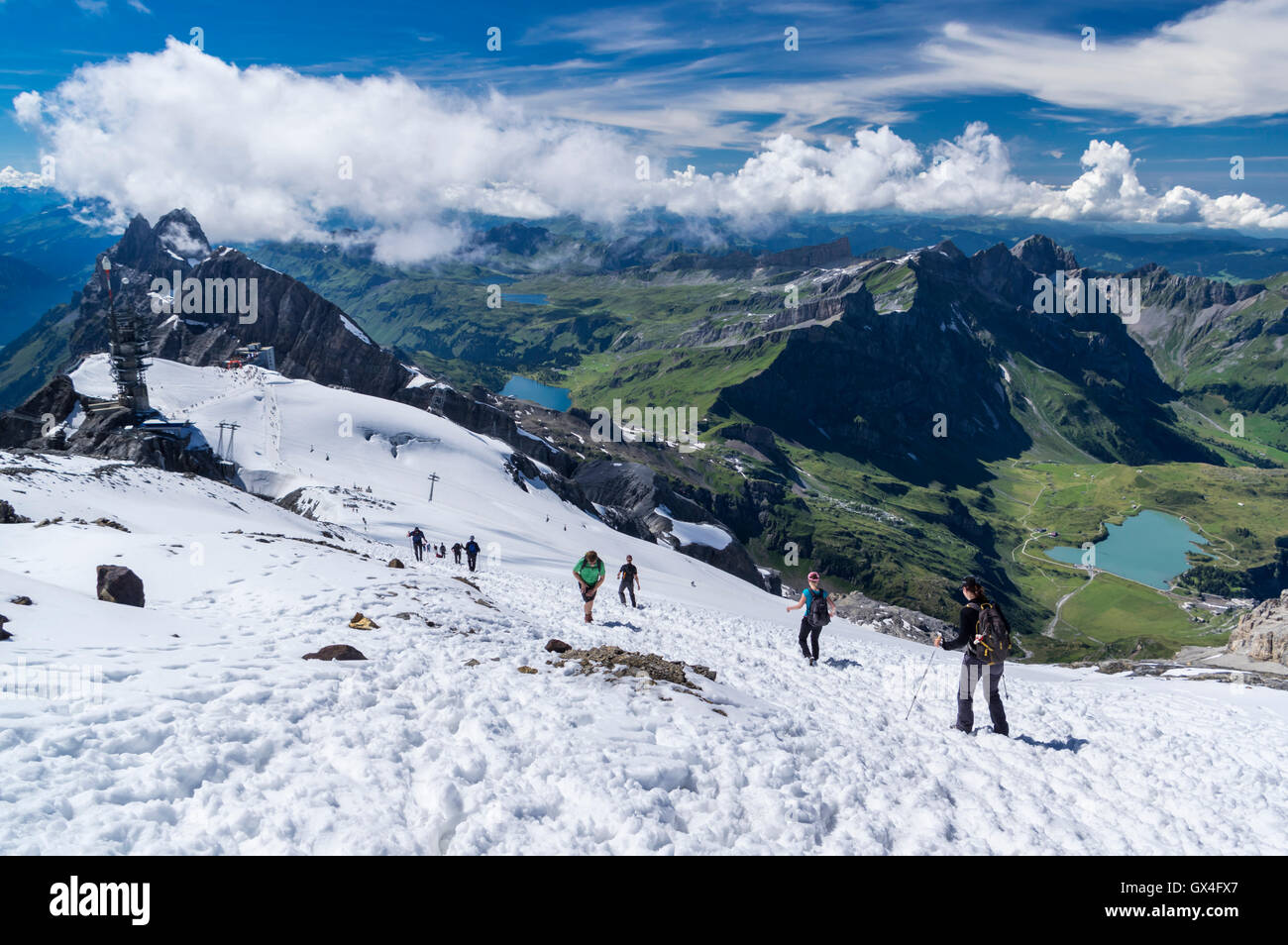 Hikers on the snow descending from Titlis mountain summit to the Titlis ...