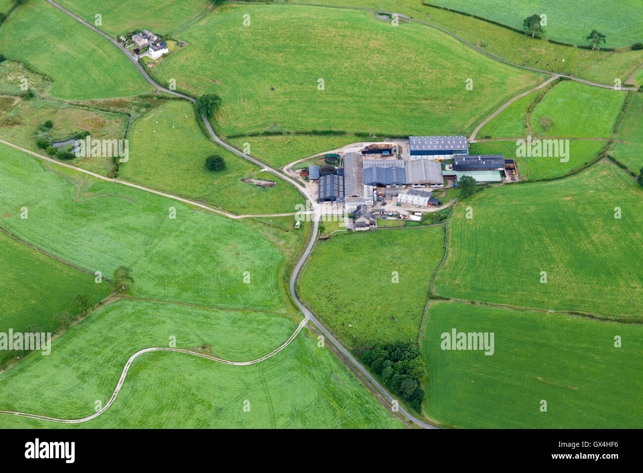 Aerial image of farm in North Yorkshire, England from a hot air balloon ...