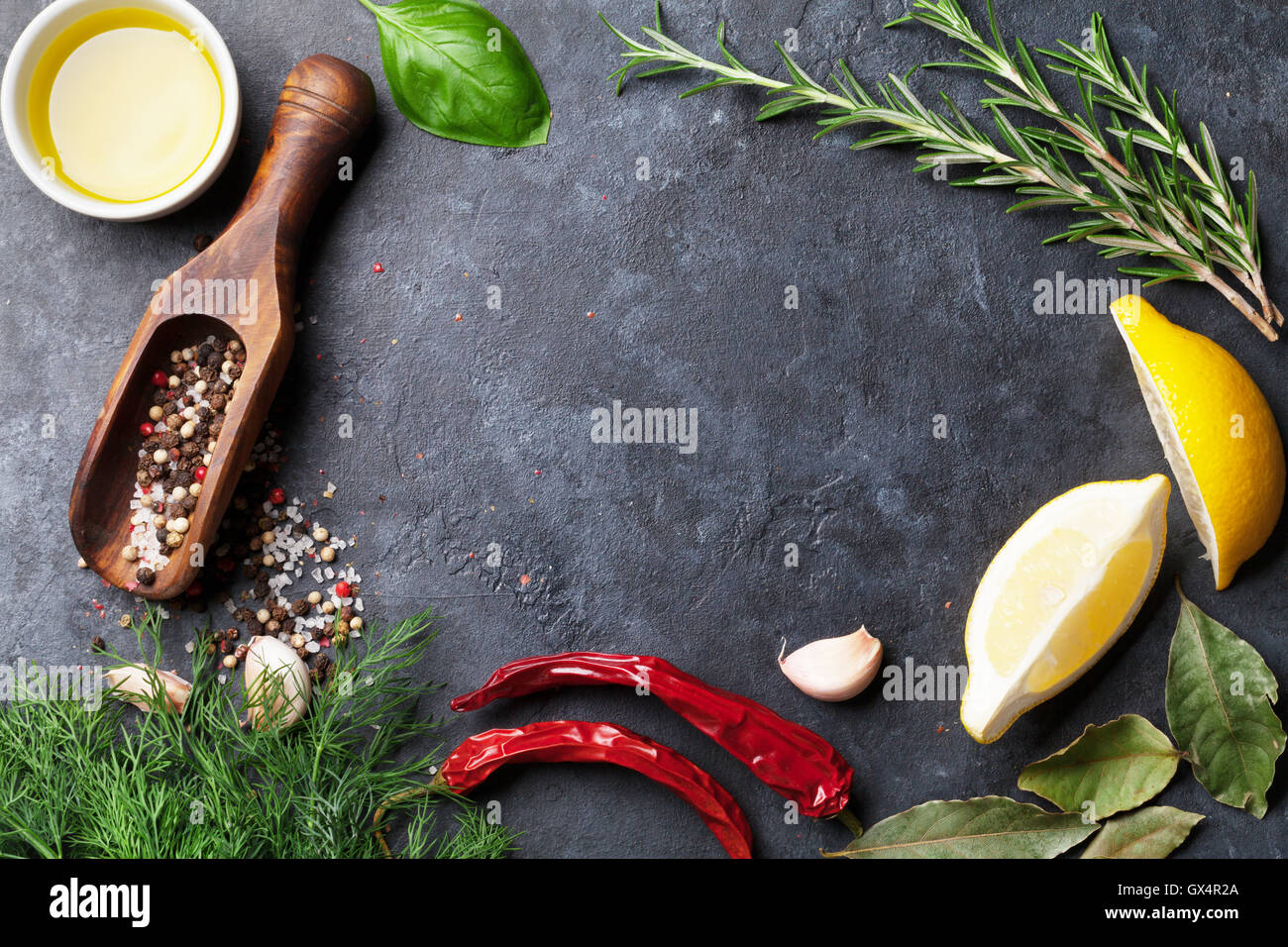 Salt pepper top view over stone table with copy sp hi-res stock ...