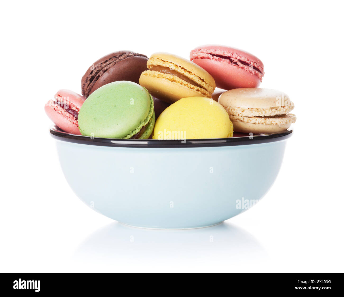 Colorful macaroons bowl. Sweet macarons. Isolated on white background ...