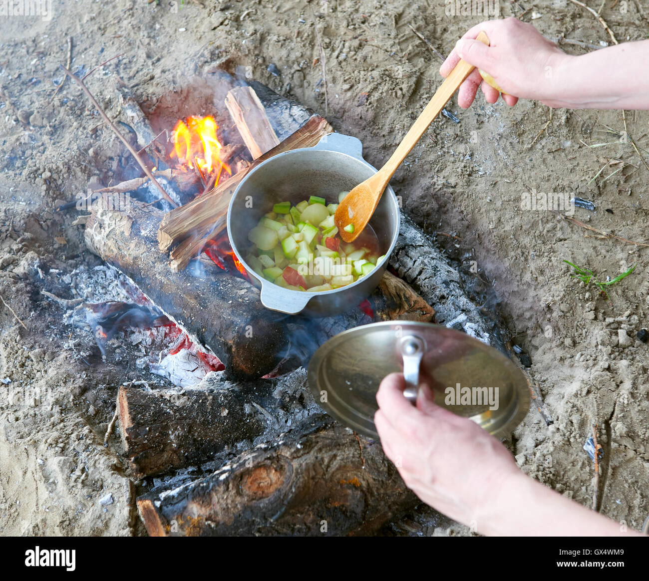 cooking on fire at picnic, food prepared in pot on wood, potatoes and ...